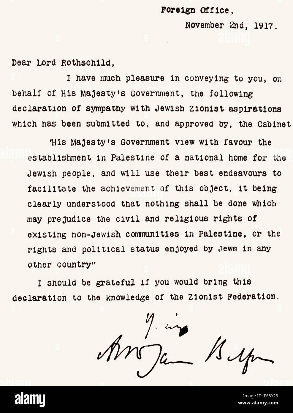 The Balfour Declaration, a letter from the United Kingdom's Foreign ...