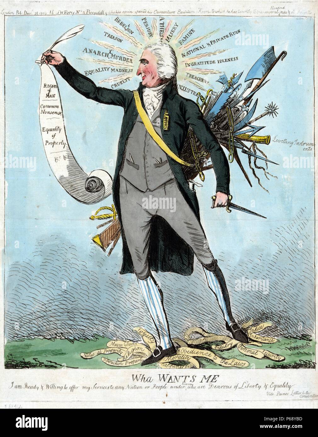 Print of Thomas Paine holding scroll 'rights of man', surrounded by ...