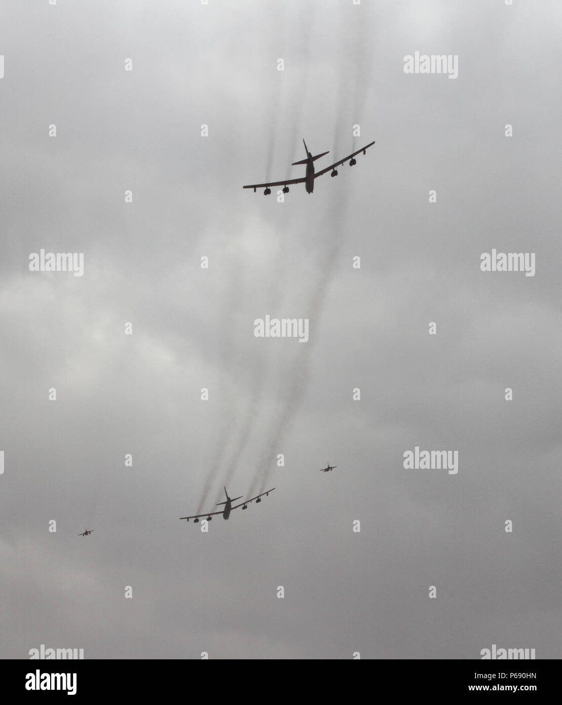 Multiple U.S. Air Force B-52 Stratofortress bombers, each with eight ...