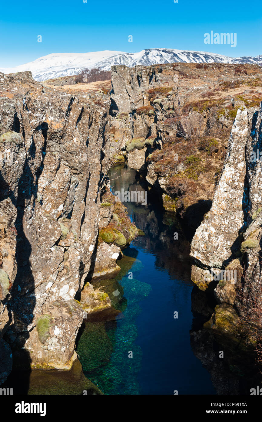 craggy rock formation forms a canyon in thingevllir national park, shot ...