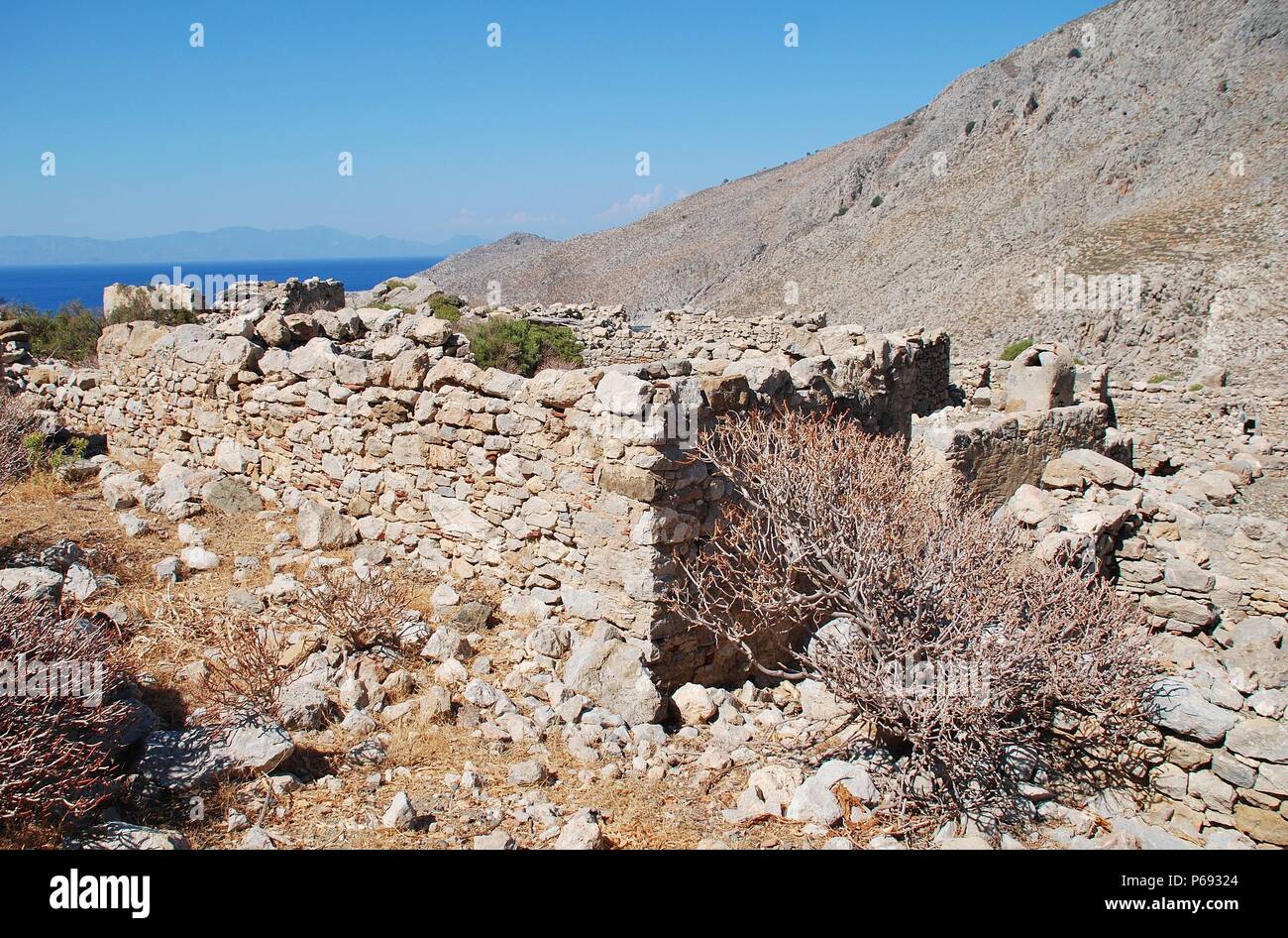 The remains of the abandoned village of Gera on the Greek island of ...