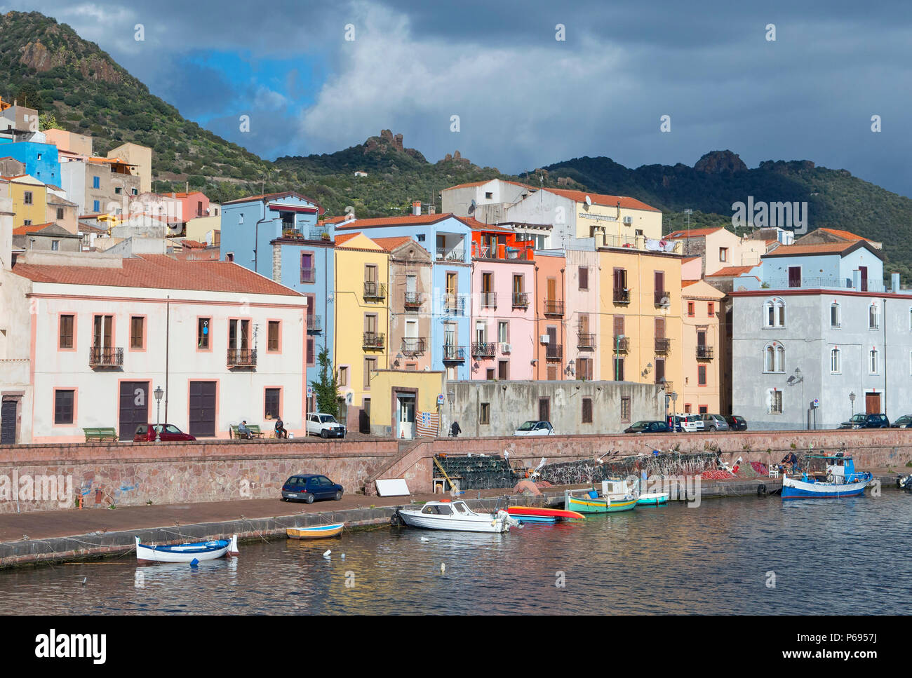 View on the Bosa village and Temo river, Sardinia, Italy Stock Photo ...
