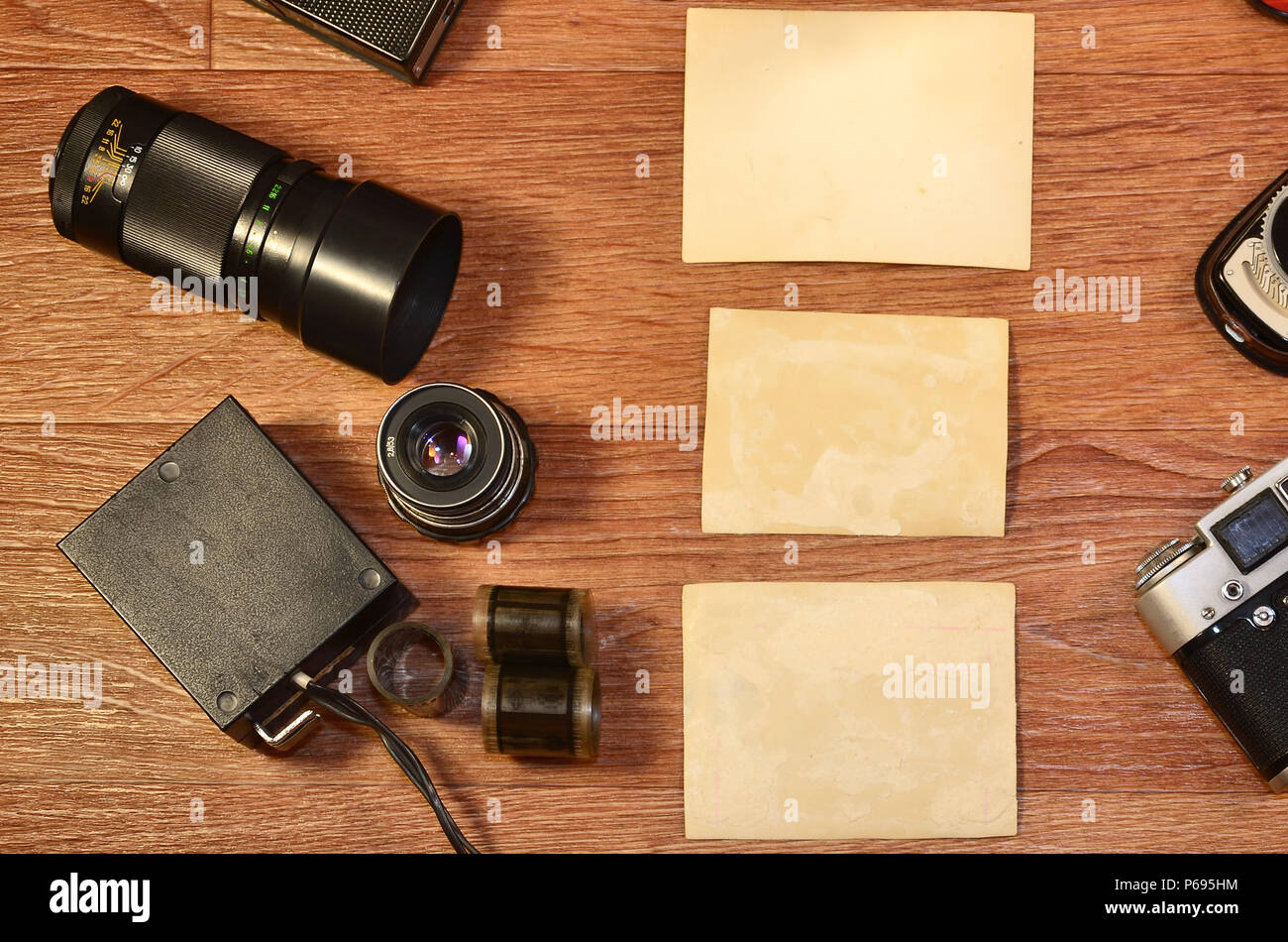 Top View of Vintage photo camera and other old retro photography ...