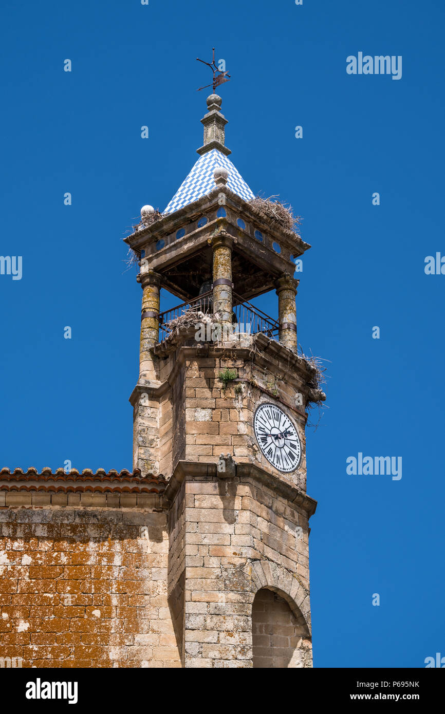 Clock tower of the Church of St. Martin at Plaza Mayor in Trujillo ...