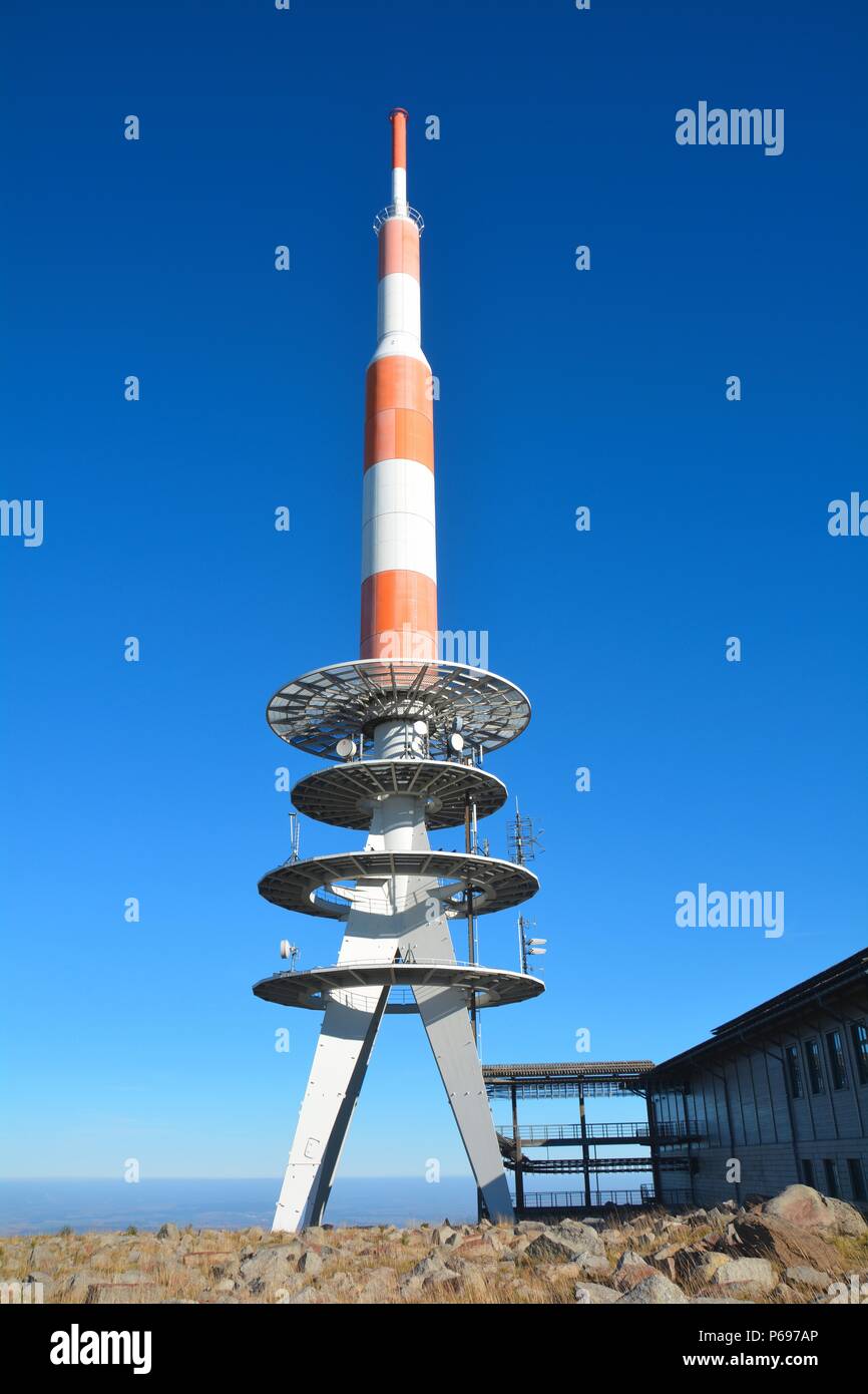 Transmission tower on the summit of Brocken in the Harz National Park ...