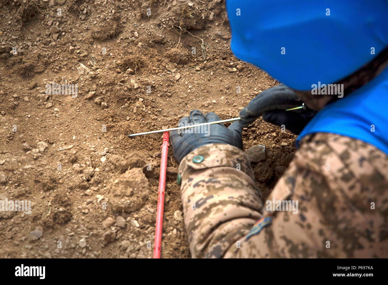 A member of the Mongolian Armed Forces searches mock simulated mines in ...