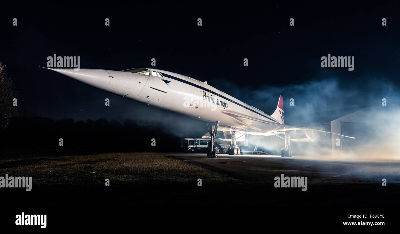 Concorde G-BBDG at night at Brooklands Museum Stock Photo - Alamy