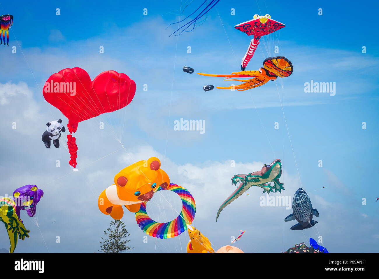 Otaki, New Zealand - March 3, 2016: Brightly colored kites flying ...