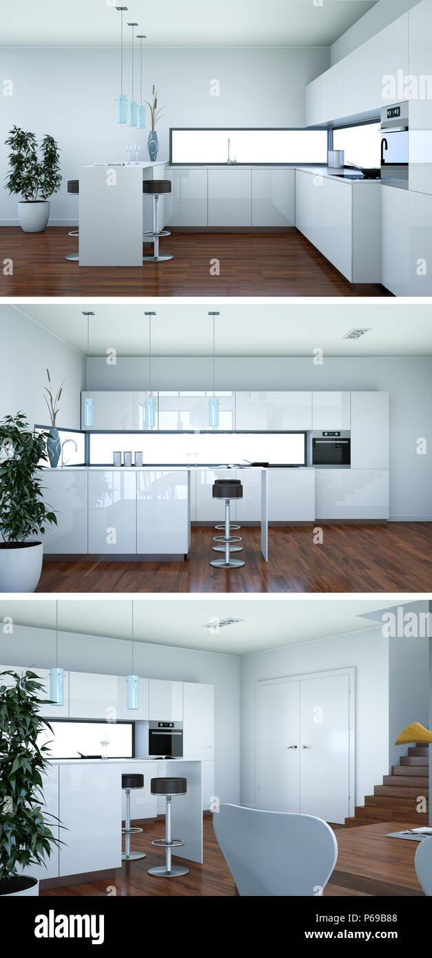 Three views of a modern kitchen with a beautiful design Stock Photo - Alamy