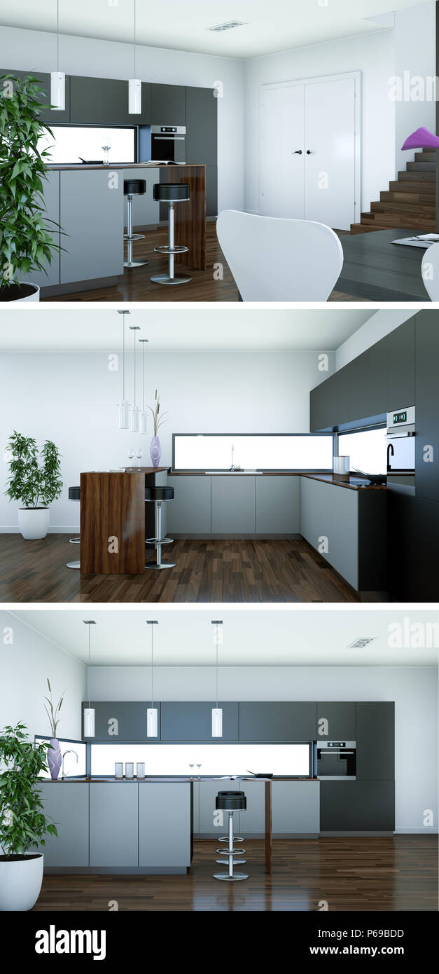 Three views of a modern kitchen with a beautiful design Stock Photo - Alamy