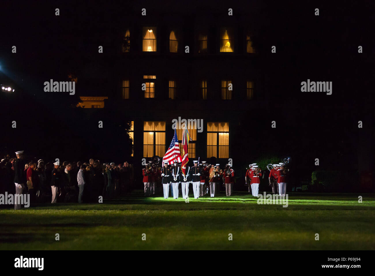 U.S. Marines with the Marine Corps Color Guard, march during an evening ...