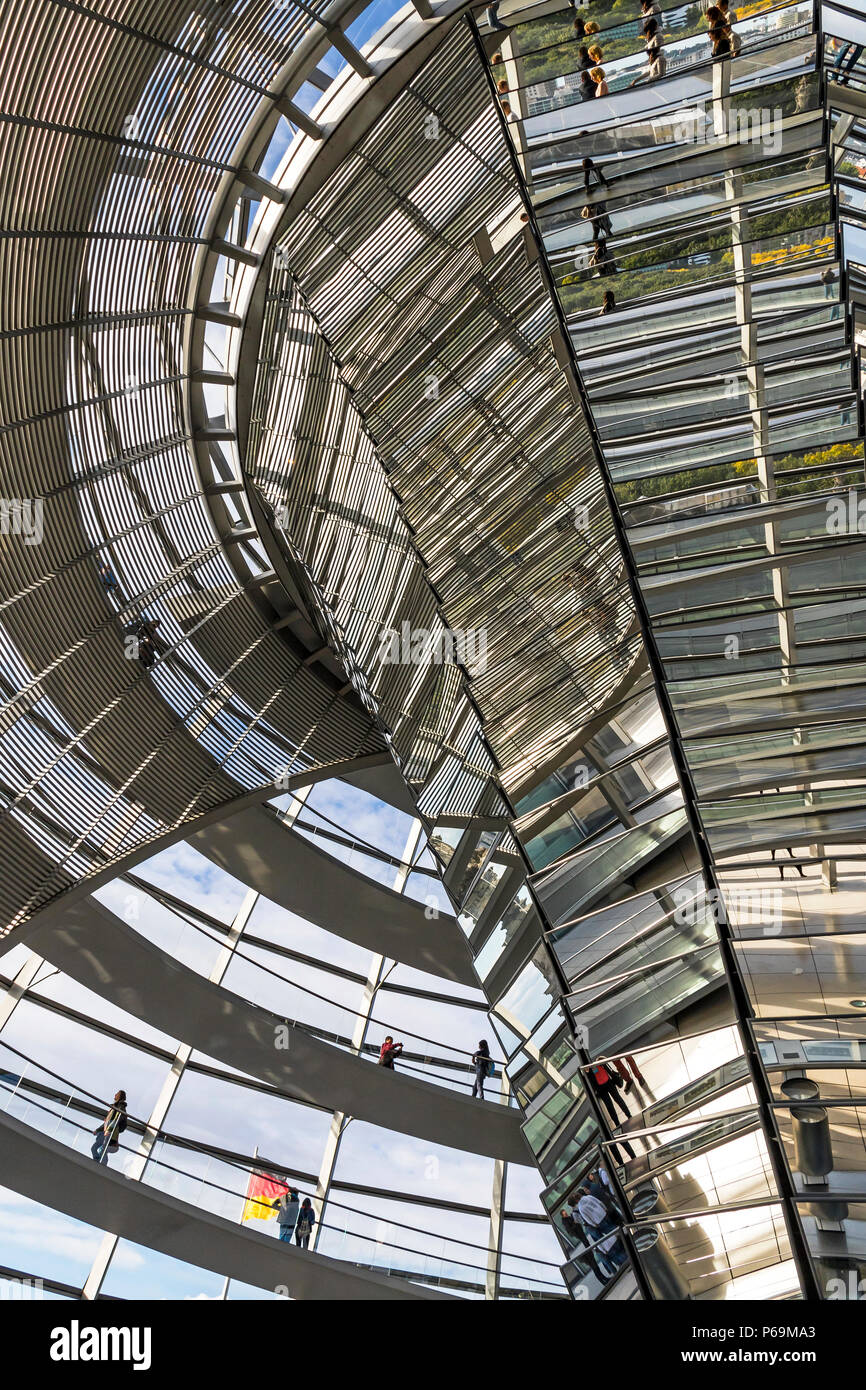 People walking inside the Reichstag Dome. It is a glass dome ...