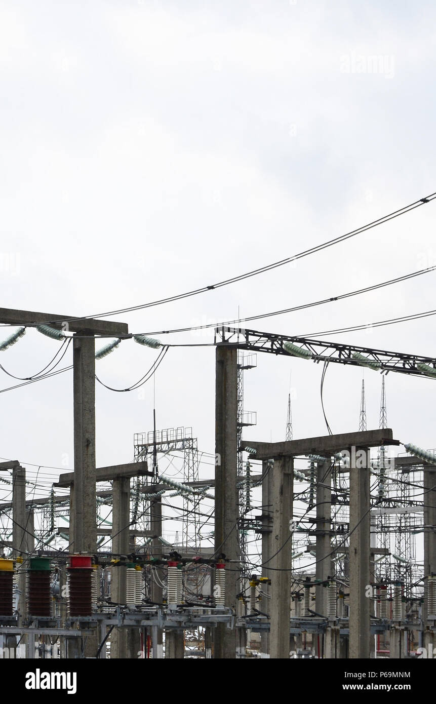 Power plant is a station of transformation. A lot of cables, poles and ...