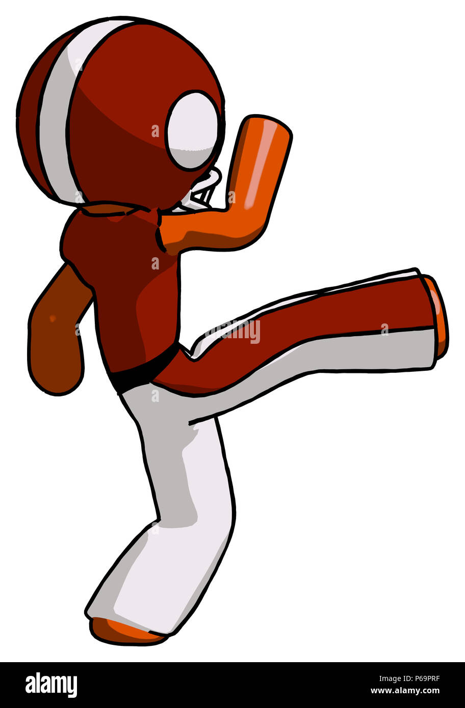 Orange football player man kick pose Stock Photo - Alamy