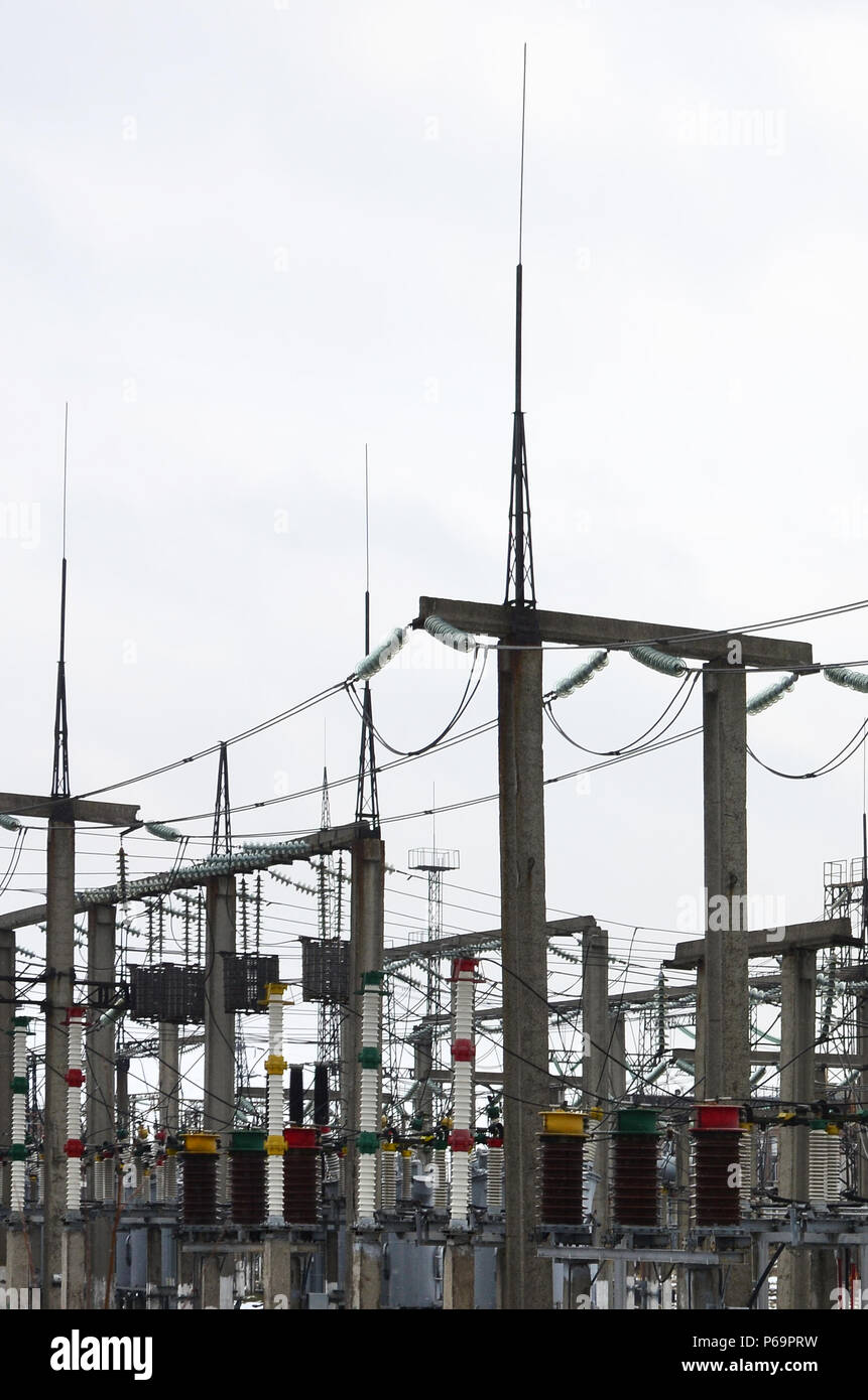 Power plant is a station of transformation. A lot of cables, poles and ...