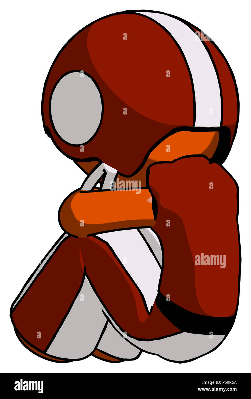 Orange football player man sitting with head down back view facing left ...