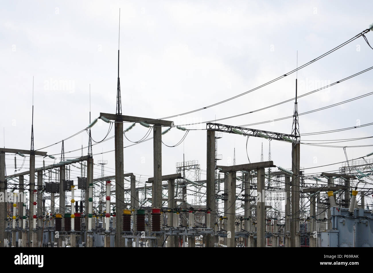 Power plant is a station of transformation. A lot of cables, poles and ...