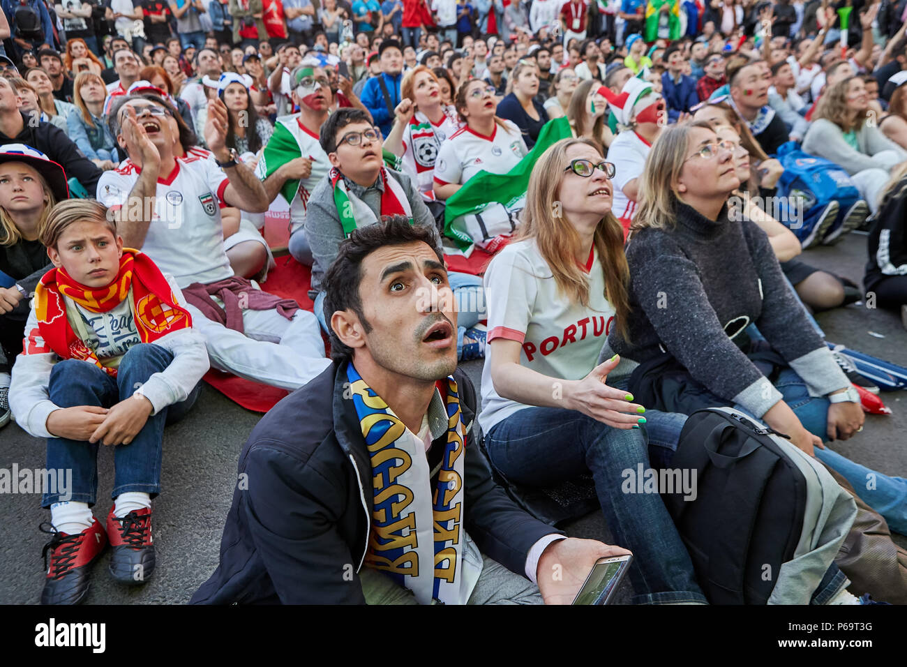 St. Petersburg, Russia - June 25, 2018: Crowd of Iranian and Portugal ...