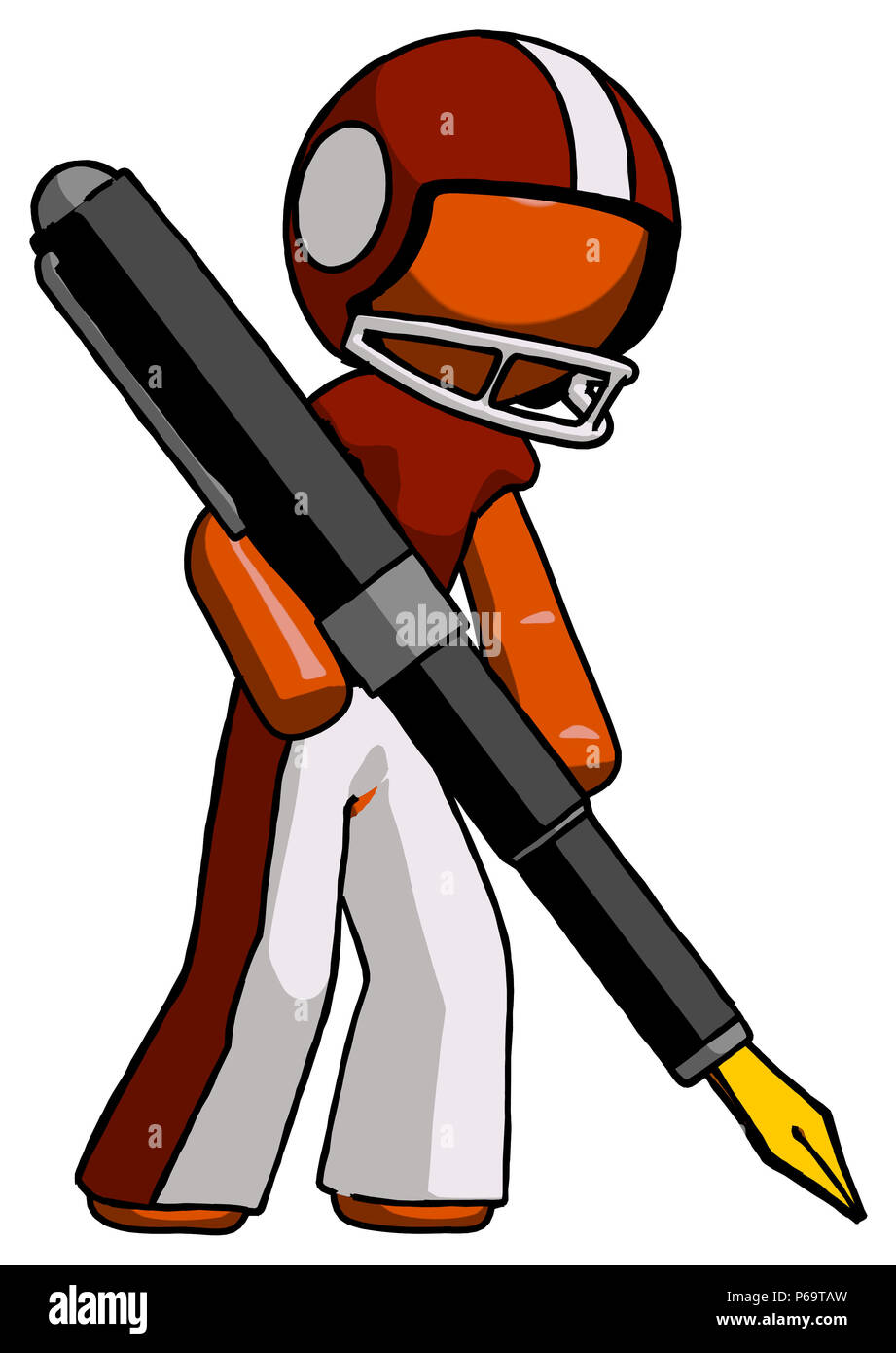 Orange football player man drawing or writing with large calligraphy ...
