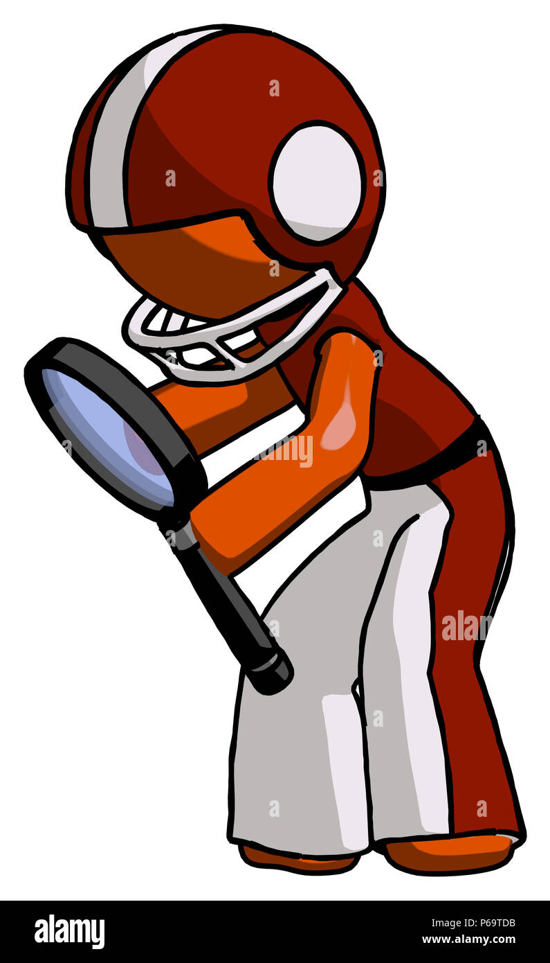 Orange football player man inspecting with large magnifying glass left ...