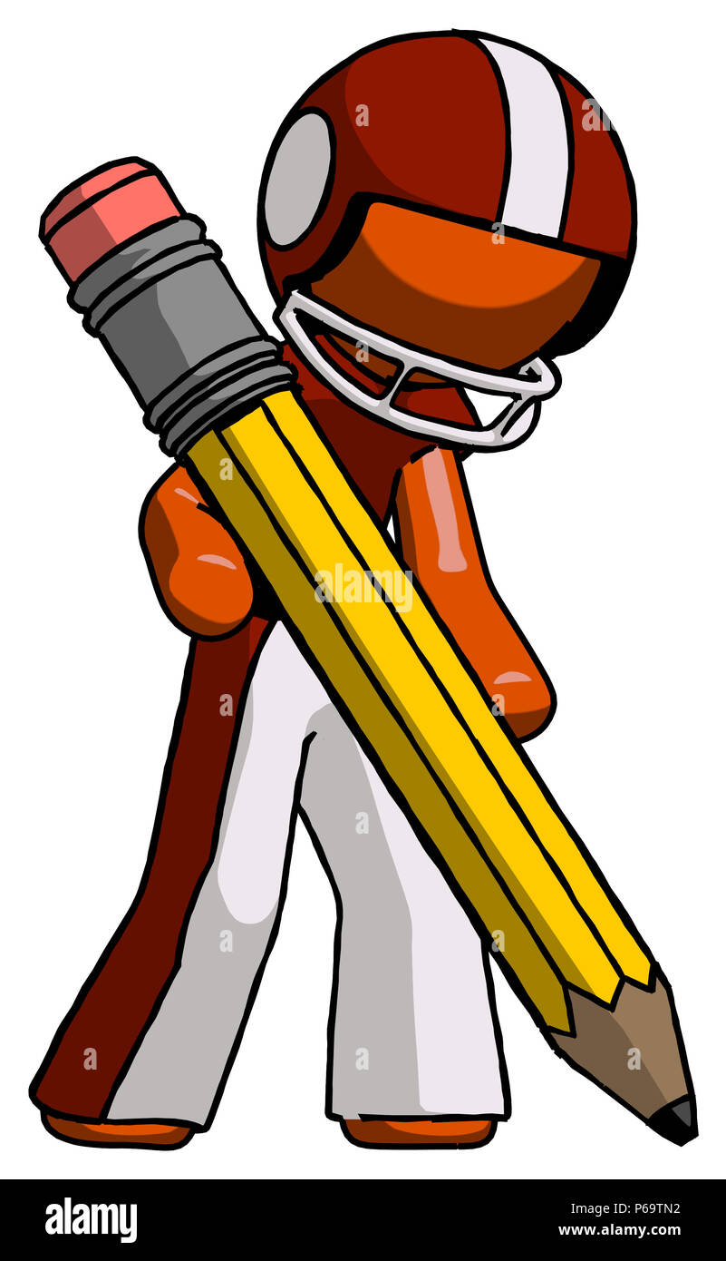 Orange football player man writing with giant pencil Stock Photo - Alamy