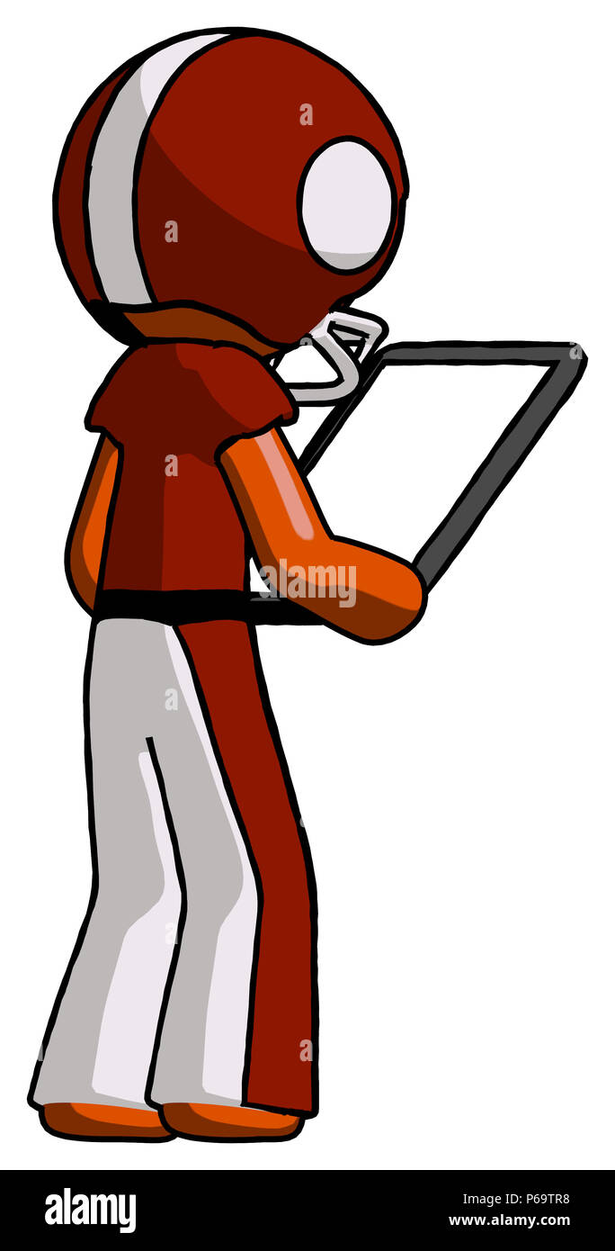 Orange football player man looking at tablet device computer facing ...