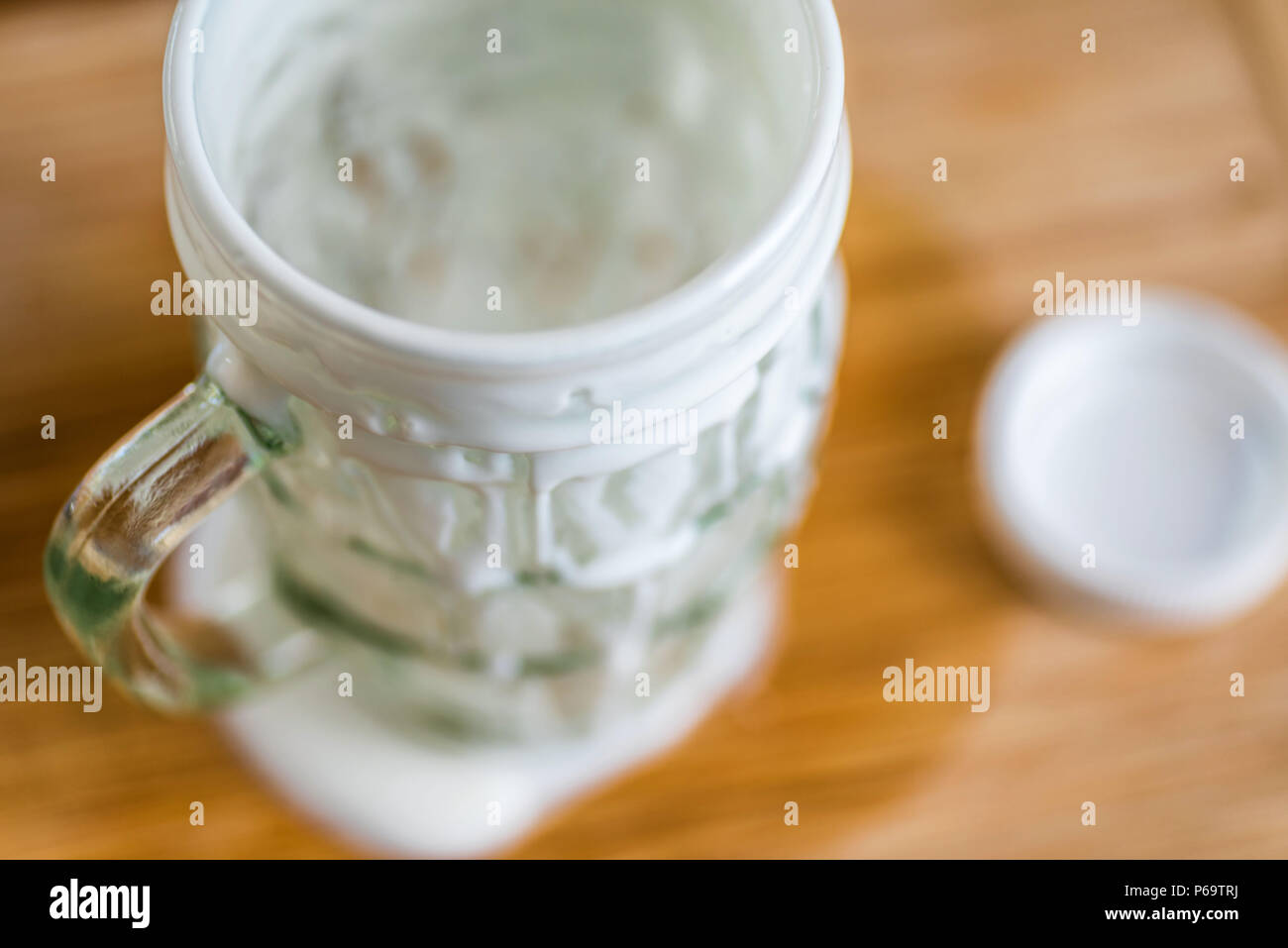 Closeup overhead view of empty fresh kefir probiotik drink on kitchen ...