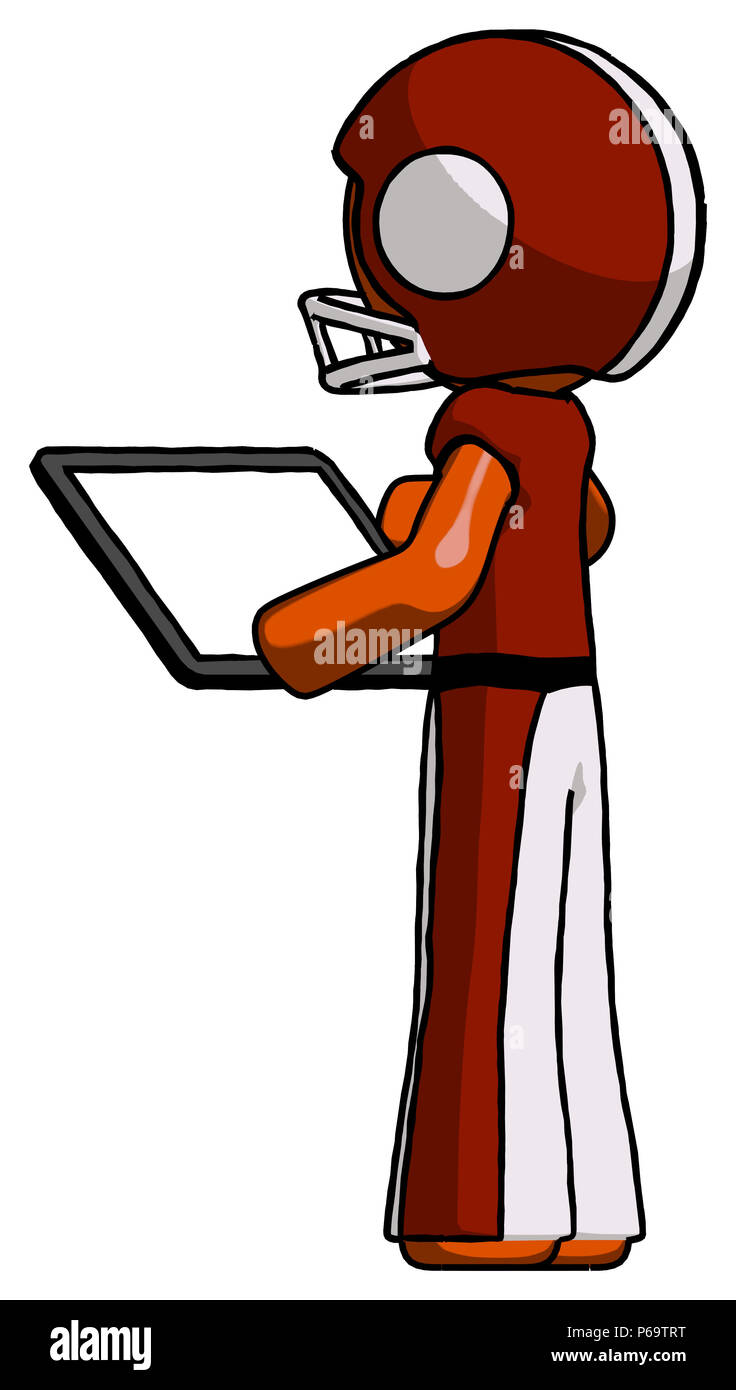 Orange football player man looking at tablet device computer with back ...