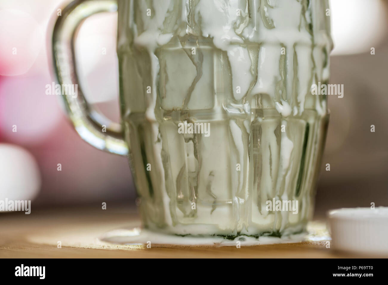 Closeup overhead view of empty fresh kefir probiotik drink on kitchen ...