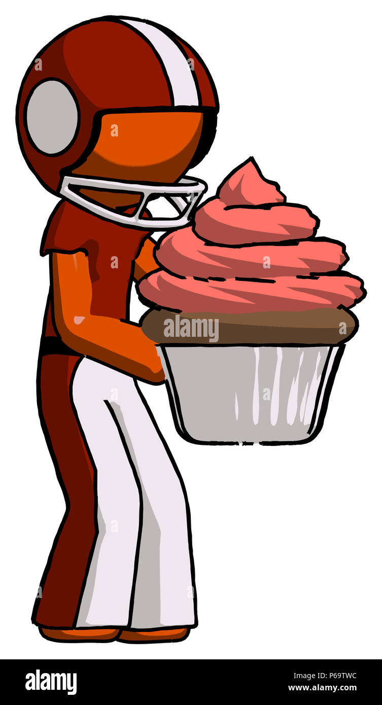 Orange football player man holding large cupcake ready to eat or serve ...