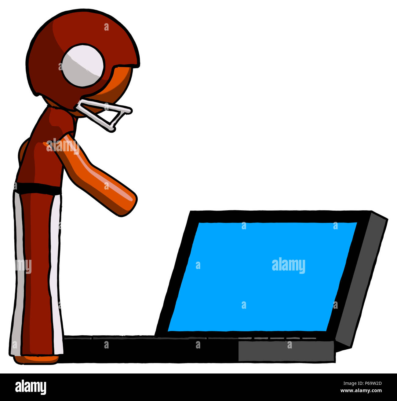 Orange football player man using large laptop computer side ...
