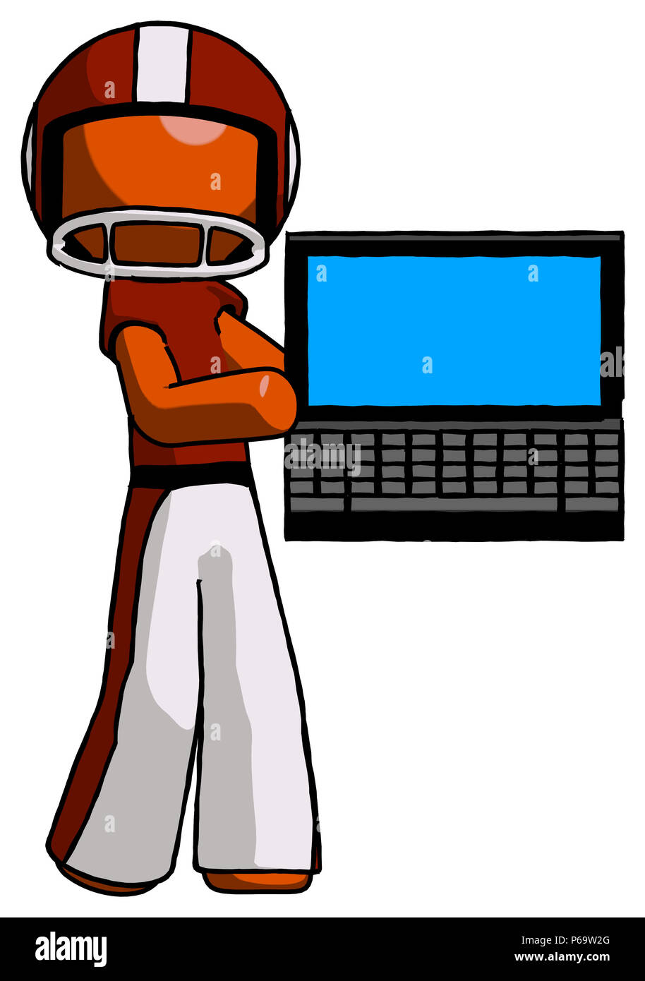Orange football player man holding laptop computer presenting something ...