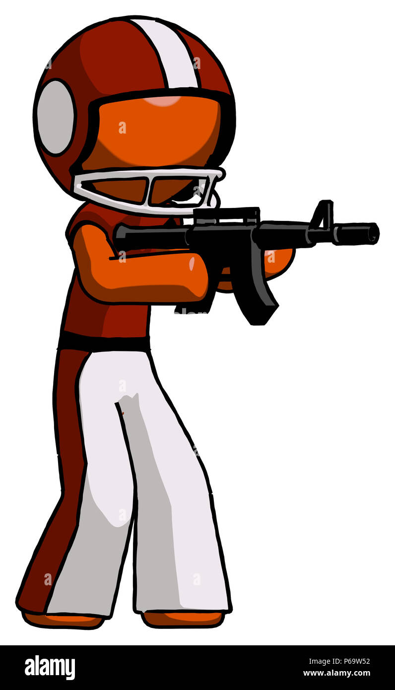 Orange football player man shooting automatic assault weapon Stock ...
