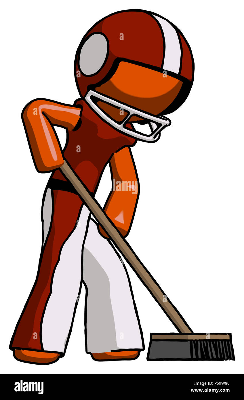 Orange football player man cleaning services janitor sweeping floor ...