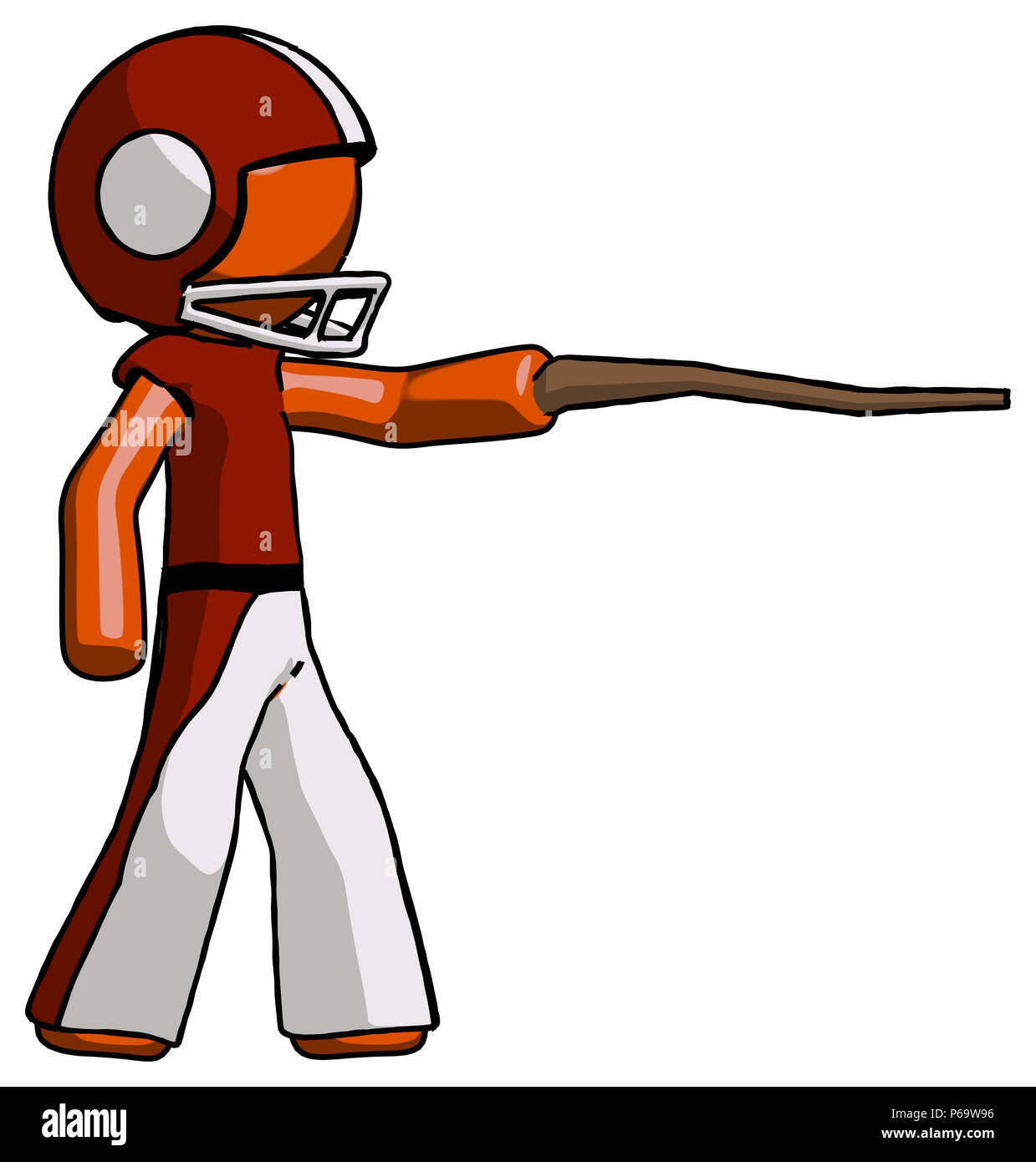 Orange football player man pointing with hiking stick Stock Photo - Alamy