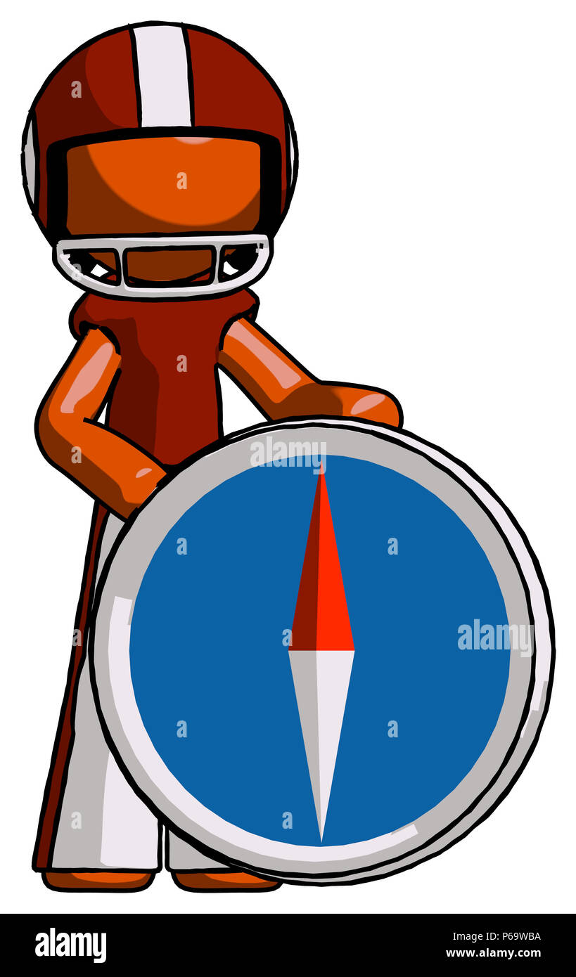 Orange football player man standing beside large compass Stock Photo ...