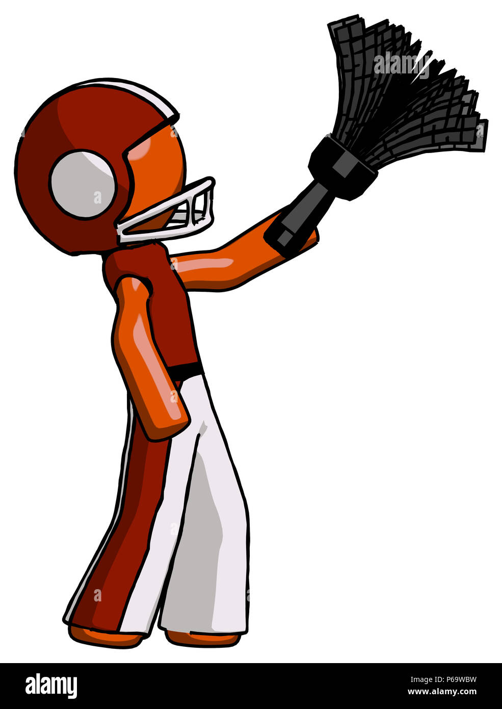 Orange football player man dusting with feather duster upwards Stock ...
