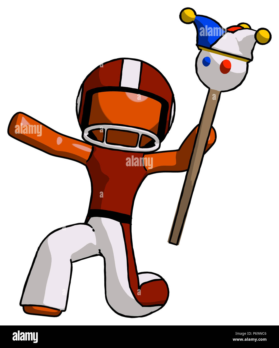 Orange football player man holding jester staff posing charismatically ...