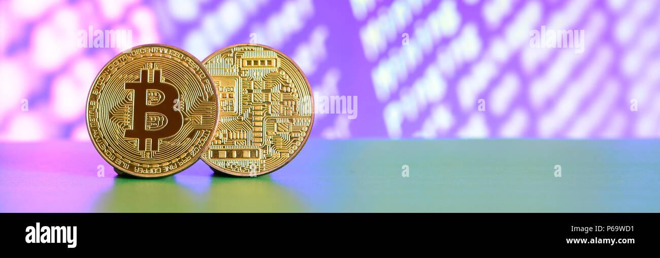 Two gold bitcoins lie on the green surface on the background of the ...