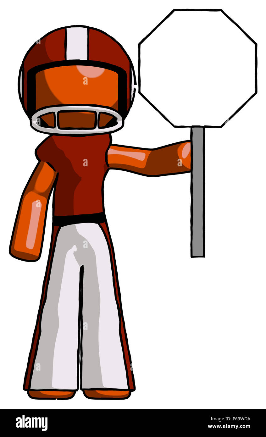 Orange football player man holding stop sign Stock Photo - Alamy