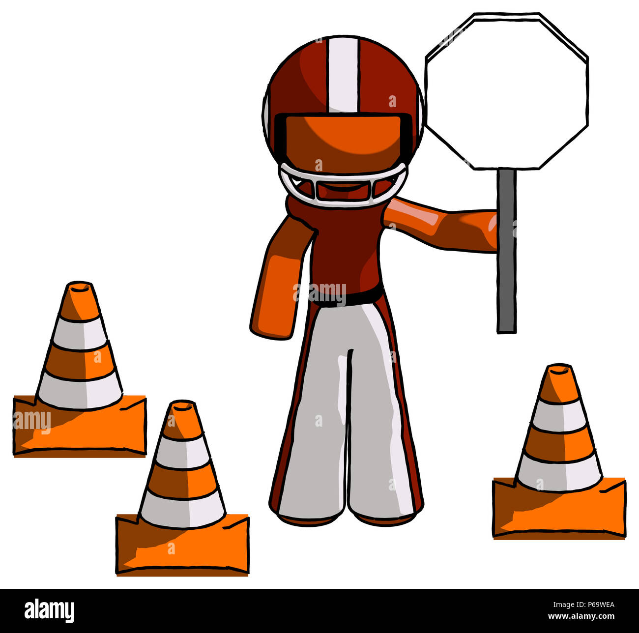 Orange football player man holding stop sign by traffic cones under ...