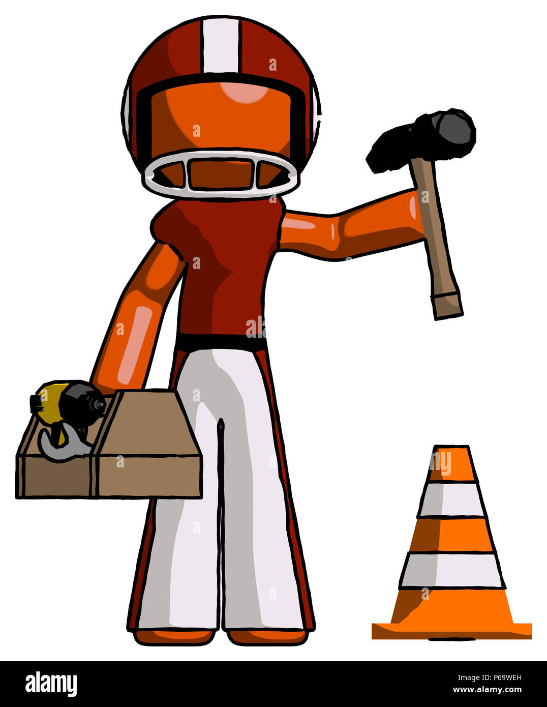 Orange football player man under construction concept, traffic cone and ...