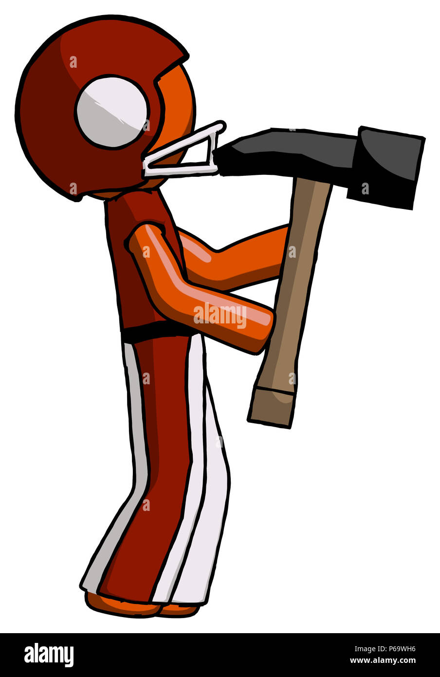 Orange football player man hammering something on the right Stock Photo ...