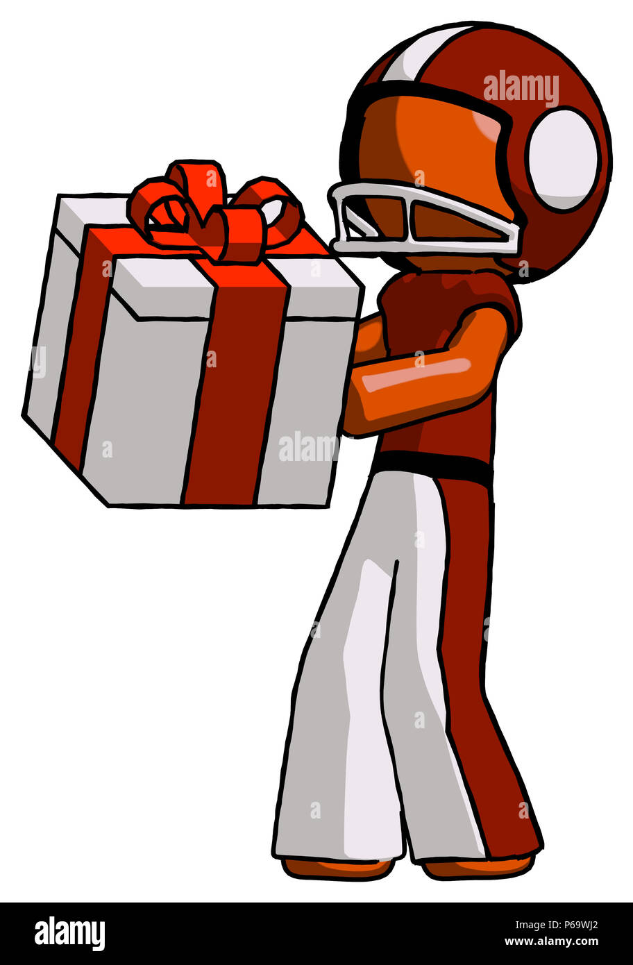 Orange football player man presenting a present with large red bow on ...
