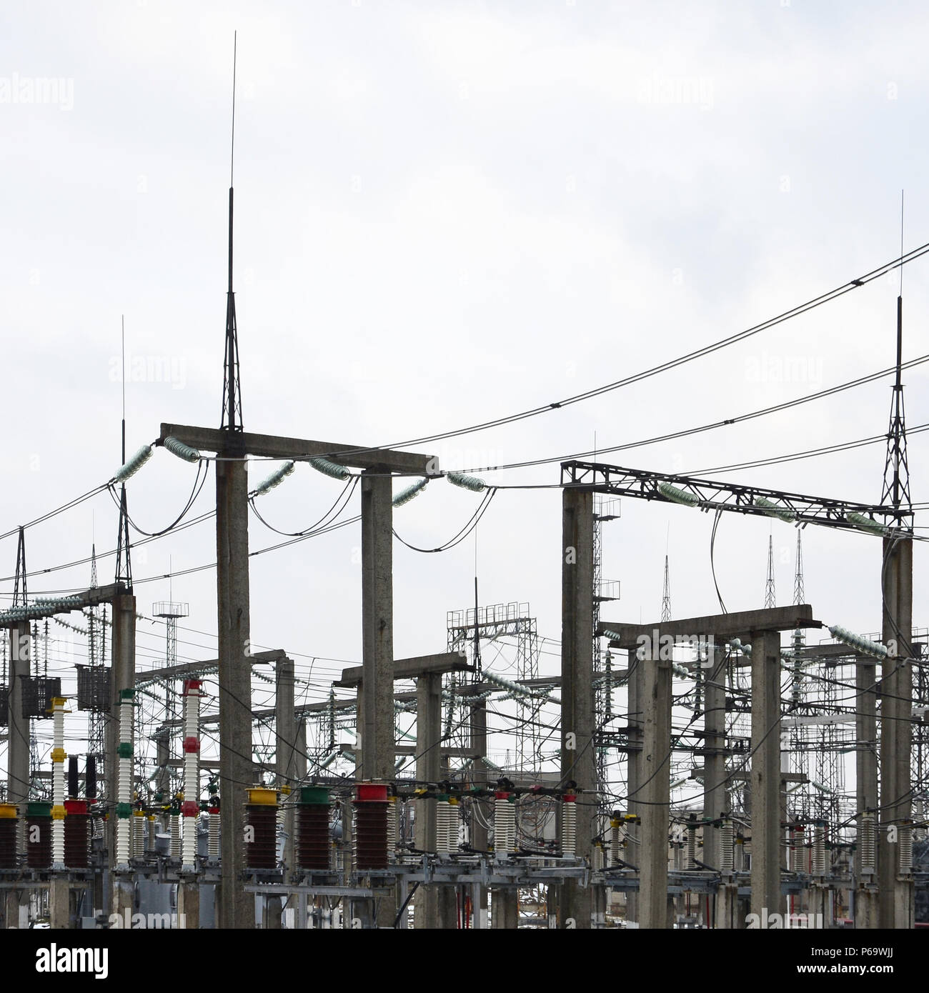 Power plant is a station of transformation. A lot of cables, poles and ...