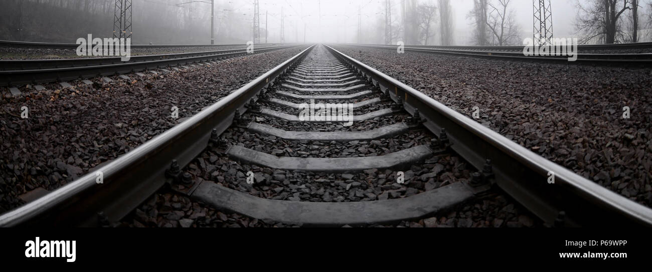 Rail tracks in misty forest hi-res stock photography and images - Alamy