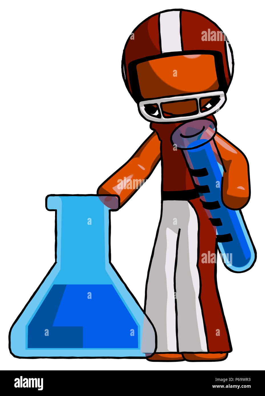 Orange football player man holding test tube beside beaker or flask ...