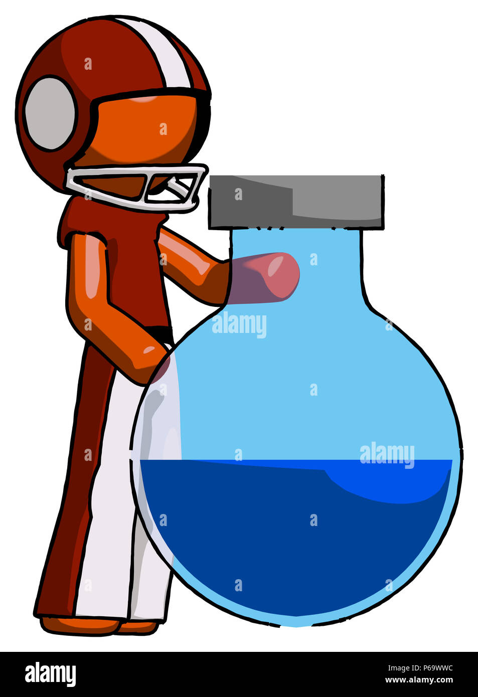 Orange football player man standing beside large round flask or beaker ...