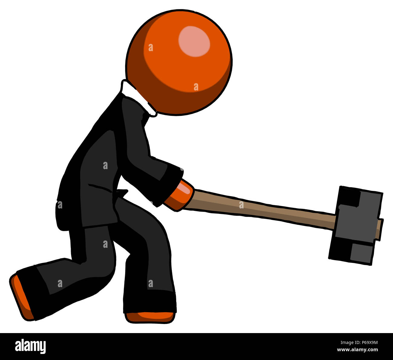 Orange clergy man smashing with sledgehammer, or hitting something ...