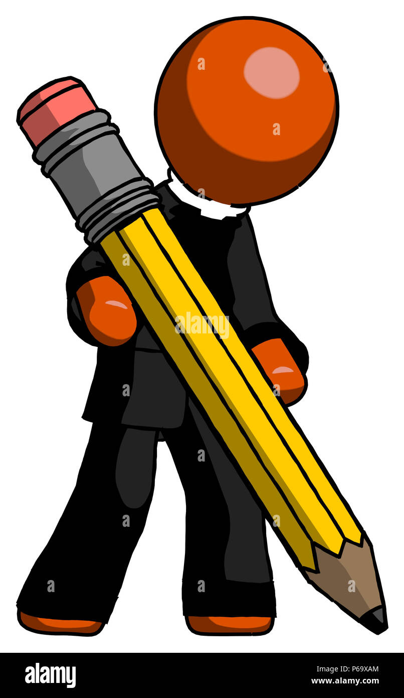 Orange clergy man writing with giant pencil Stock Photo - Alamy